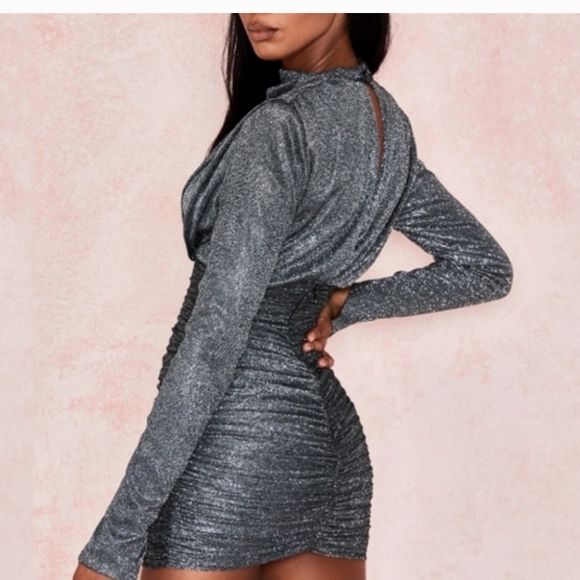 House of CB | Dresses | House Of Cb Irena Silver Sparkle Draped Mini ...
